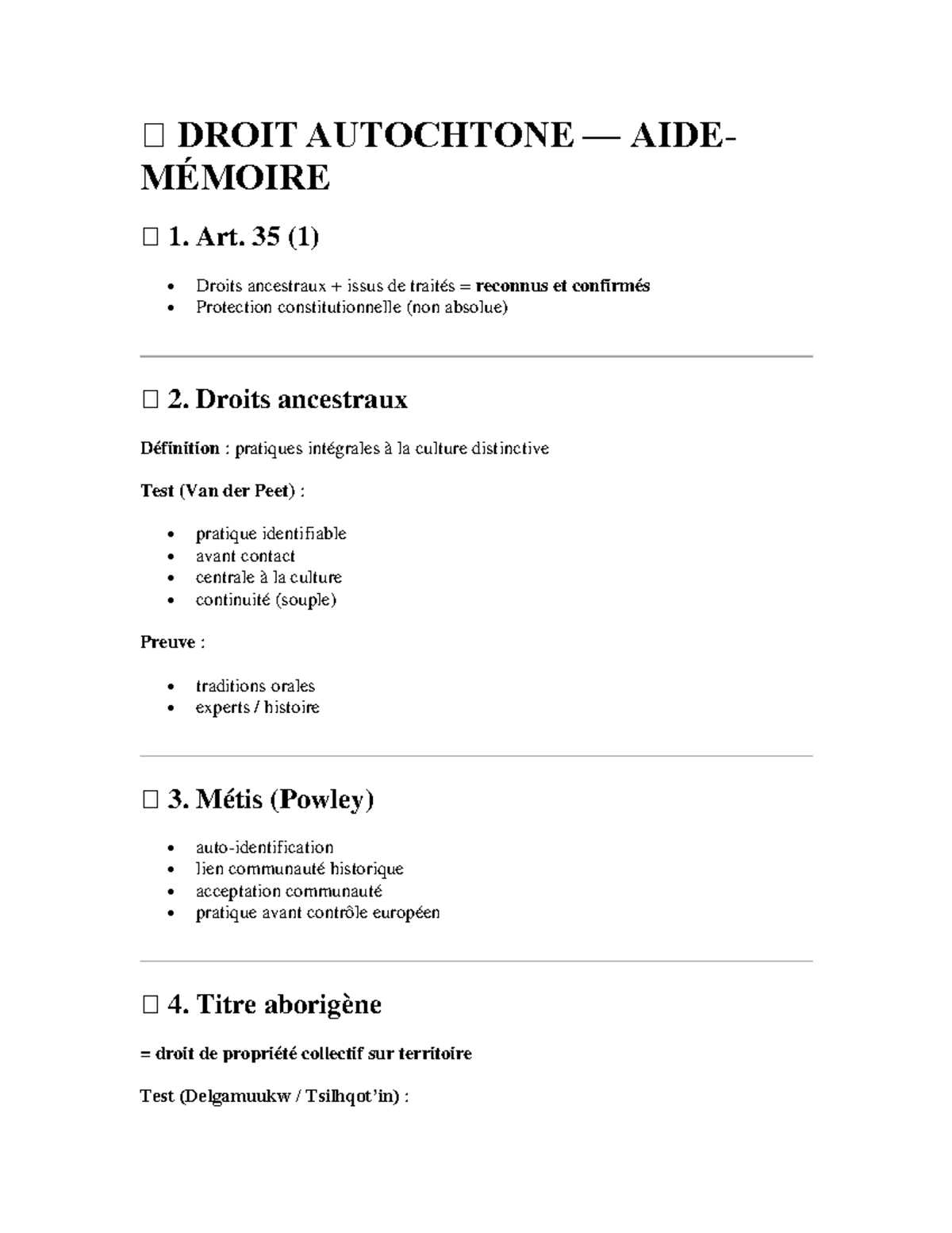 Droit Autochtone - Aide-Mémoire pour l'Examen (DROIT 101) - Studocu