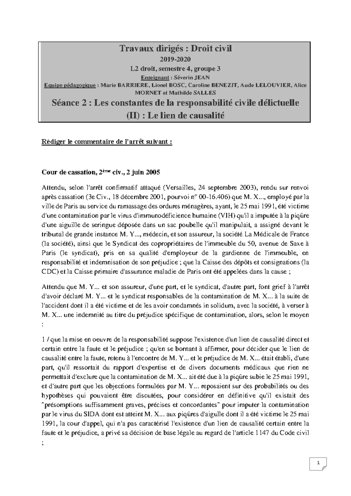 TD 2 : Le Lien de Causalité en Responsabilité Civile - Droit Civil L2 ...