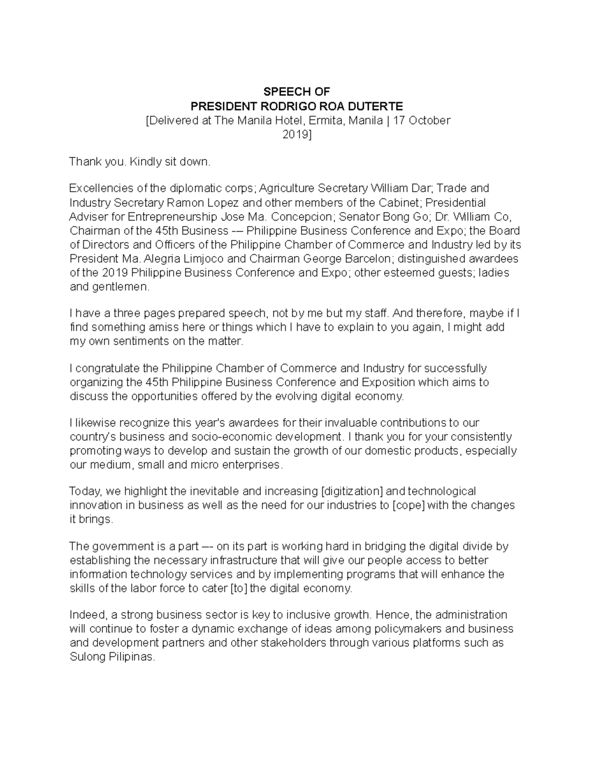 SPEECH OF PRESIDENT RODRIGO ROA DUTERTE AT PCCI 2019 - Studocu