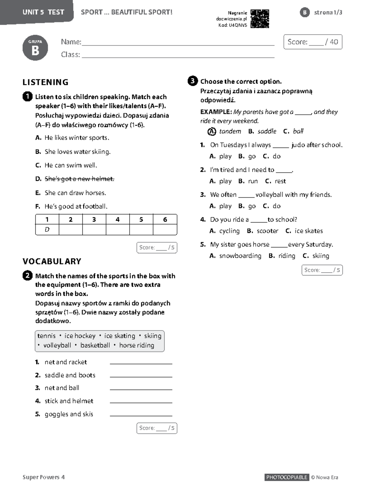 Super Powers 4 Unit 5 Test: Sport and Activities - Studocu