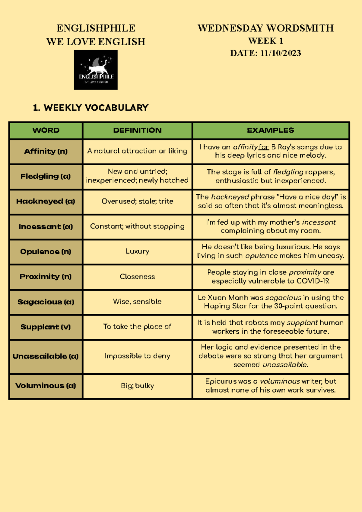 ENGL 101 Weekly Vocabulary Words - Week 1 - Studocu