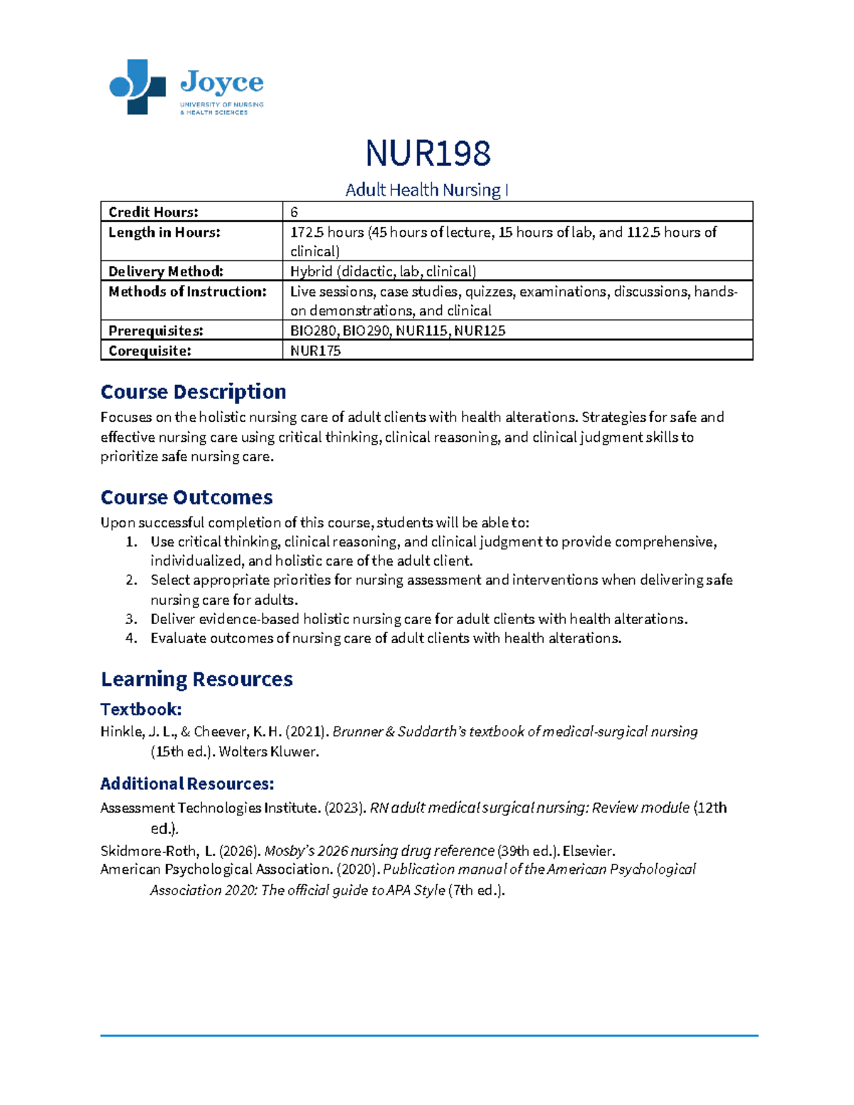 NUR198 Syllabus: Adult Health Nursing I Overview 2026 - Studocu