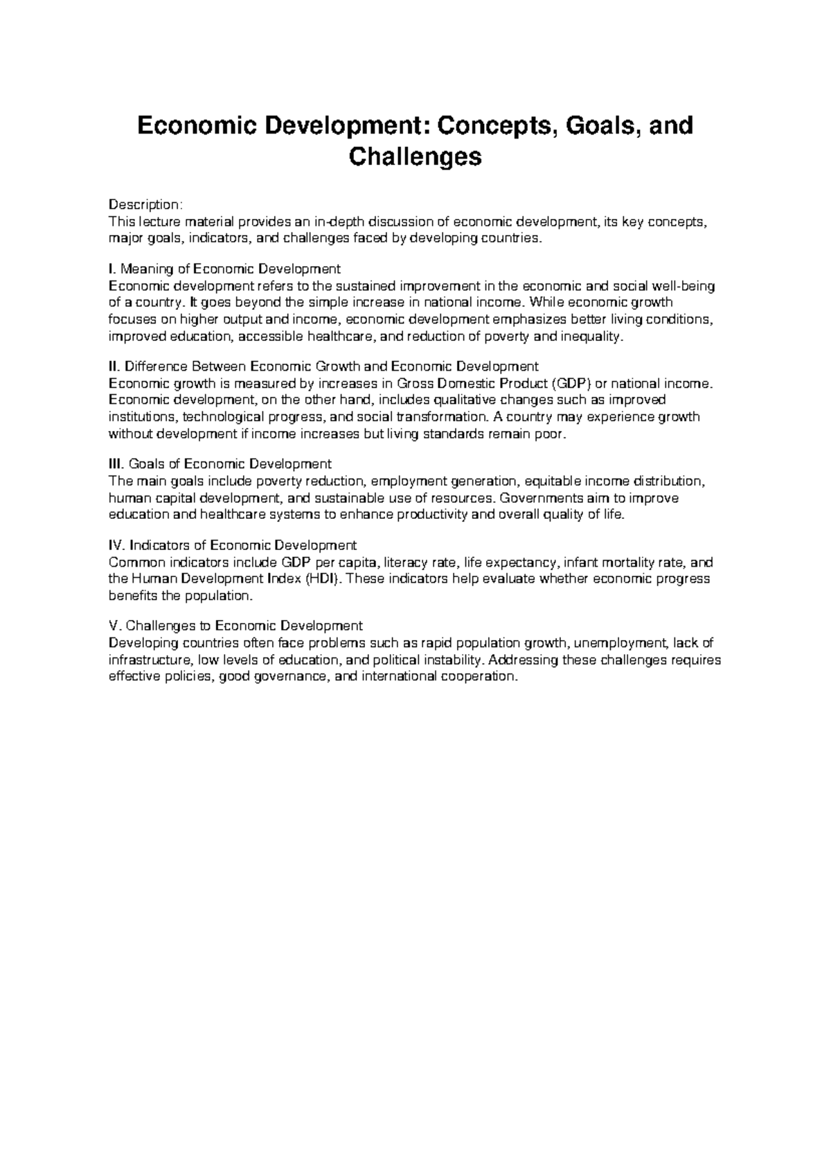 Economic Development: Key Concepts & Challenges (ECO 101) - Studocu