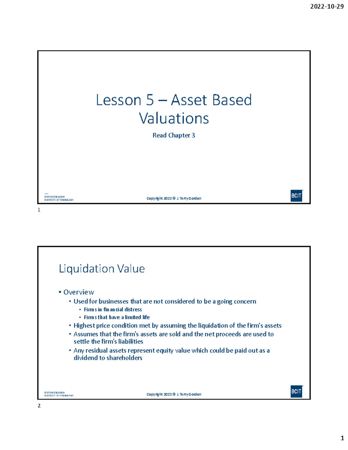 Lesson 5 – Asset Based Valuations: Key Concepts & Overview - Studocu