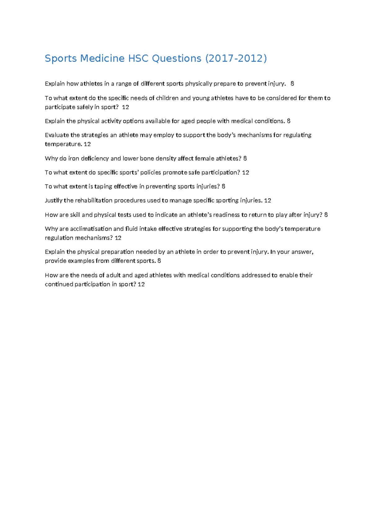 Sports Medicine HSC: Injury Prevention & Athlete Preparation Questions ...