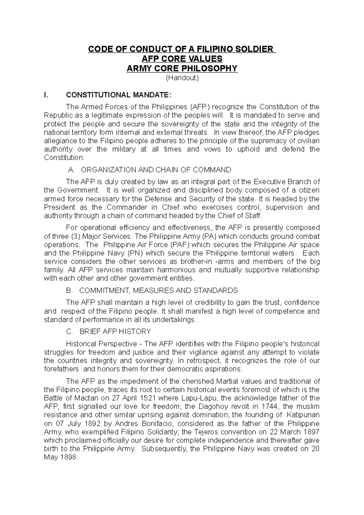 Standards of Conduct: Handout for Filipino Soldiers (AFP) - Studocu