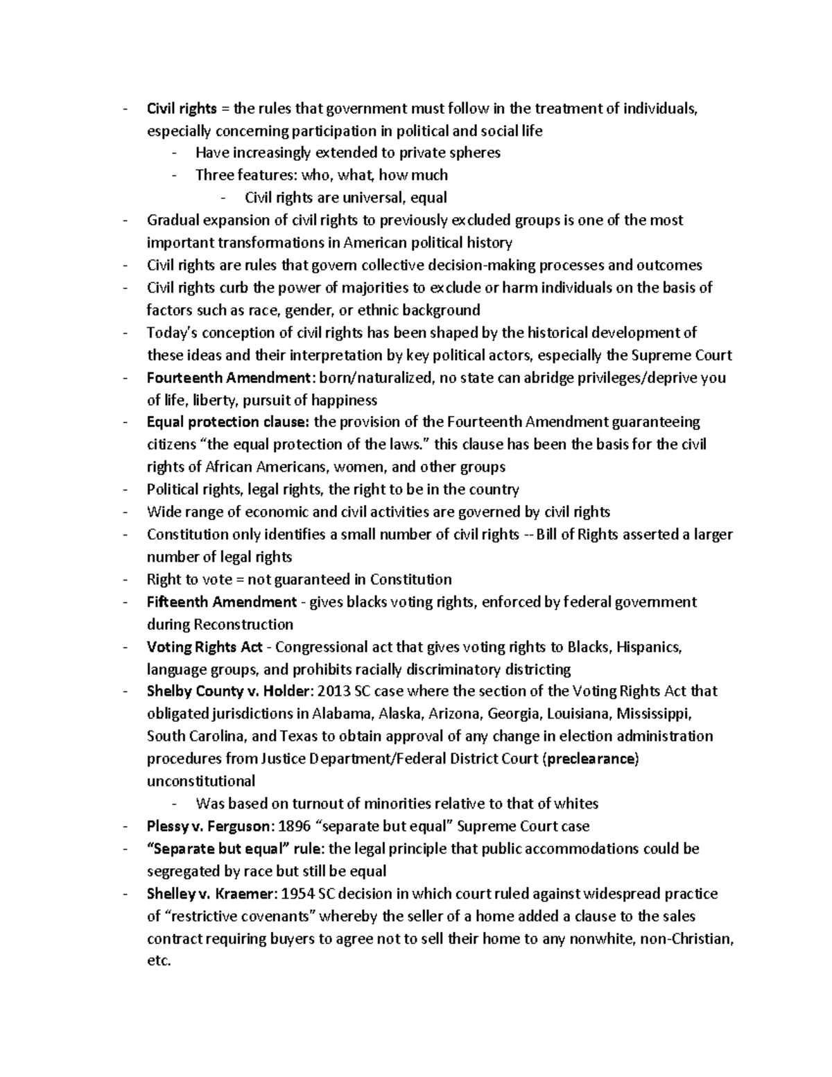 American Politics - Civil Rights Overview and Key Legislation - Studocu