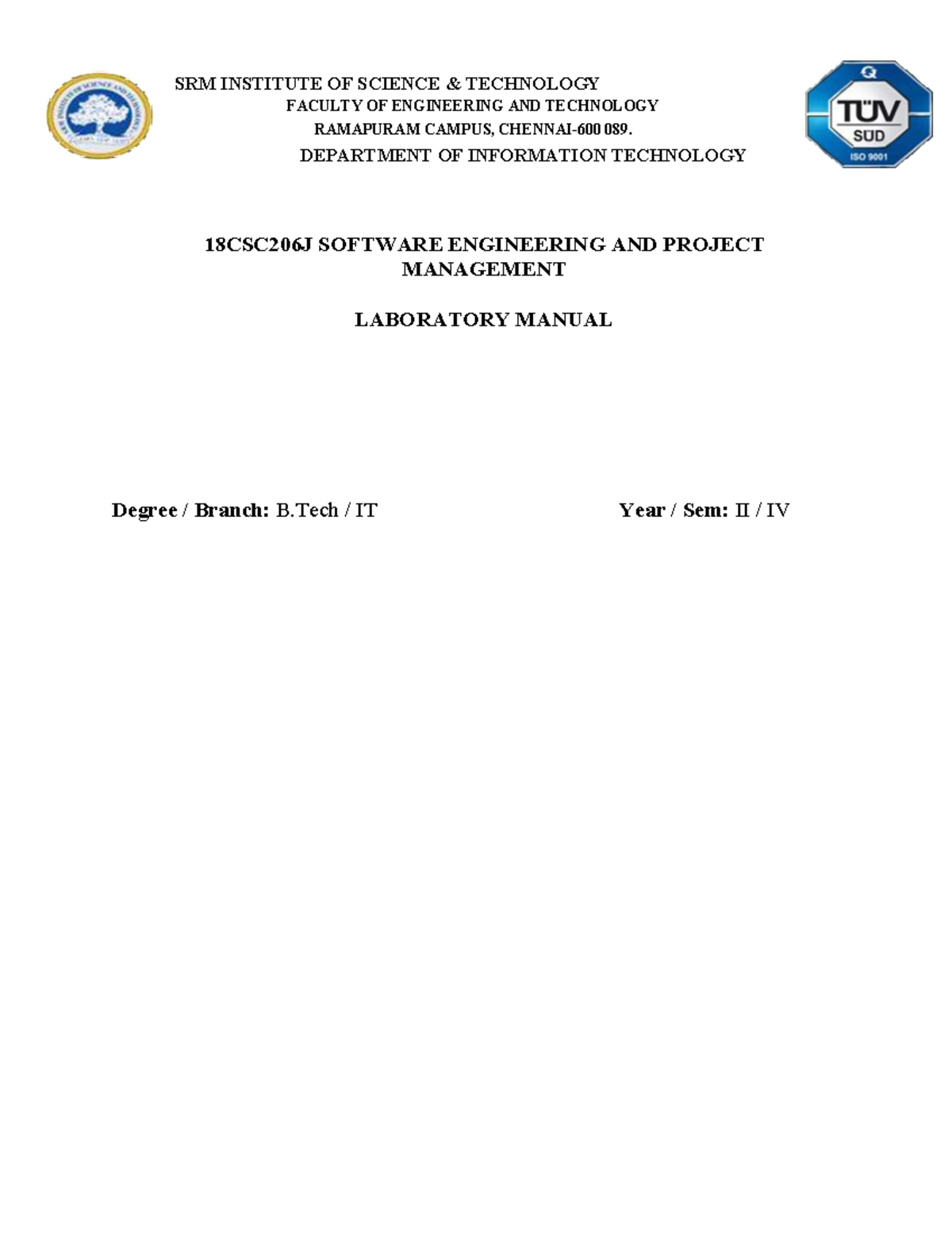 18CSC206J Software Engineering & Project Management Lab Manual - Studocu