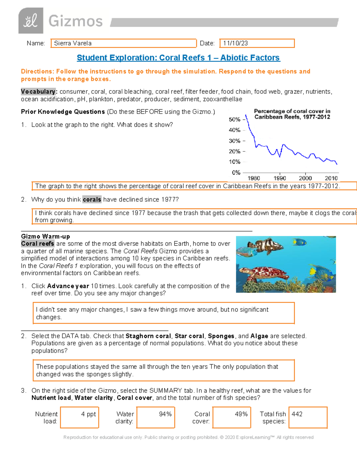 Coral Reefs 1 Gizmos Lab Exploration (Biology 101) - Studocu