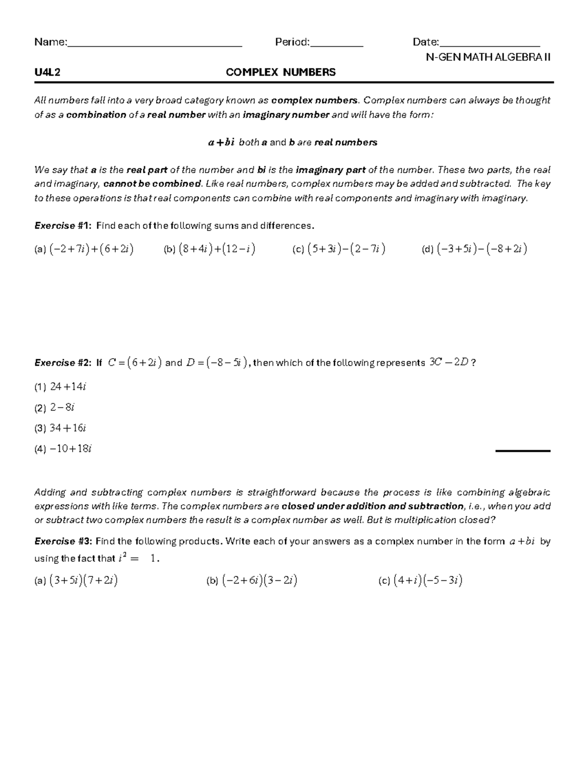 U4L2 MATH ALGEBRA II Complex Numbers Overview and Exercises - Studocu