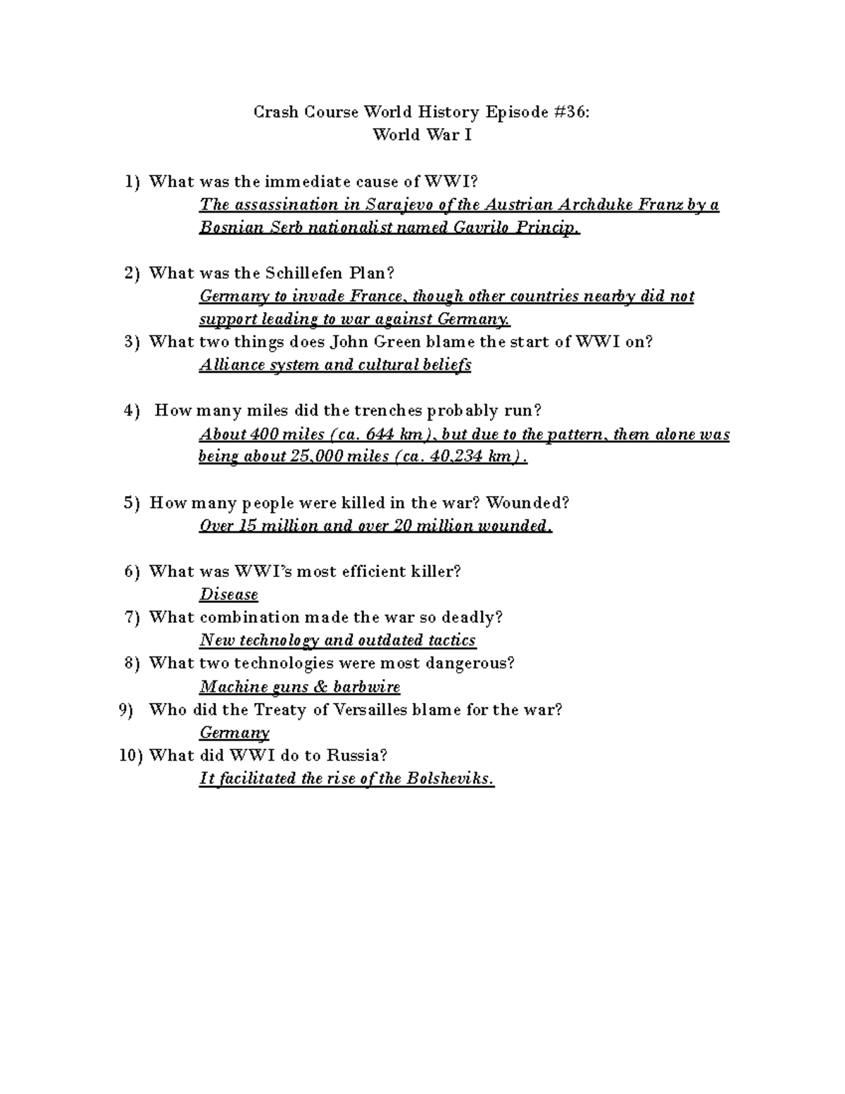 WWI Insights: Key Points from Crash Course World History #36 - Studocu