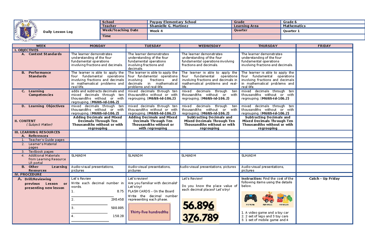 Grade 6 Math Daily Lesson Log (Quarter 1, Week 4) - Studocu