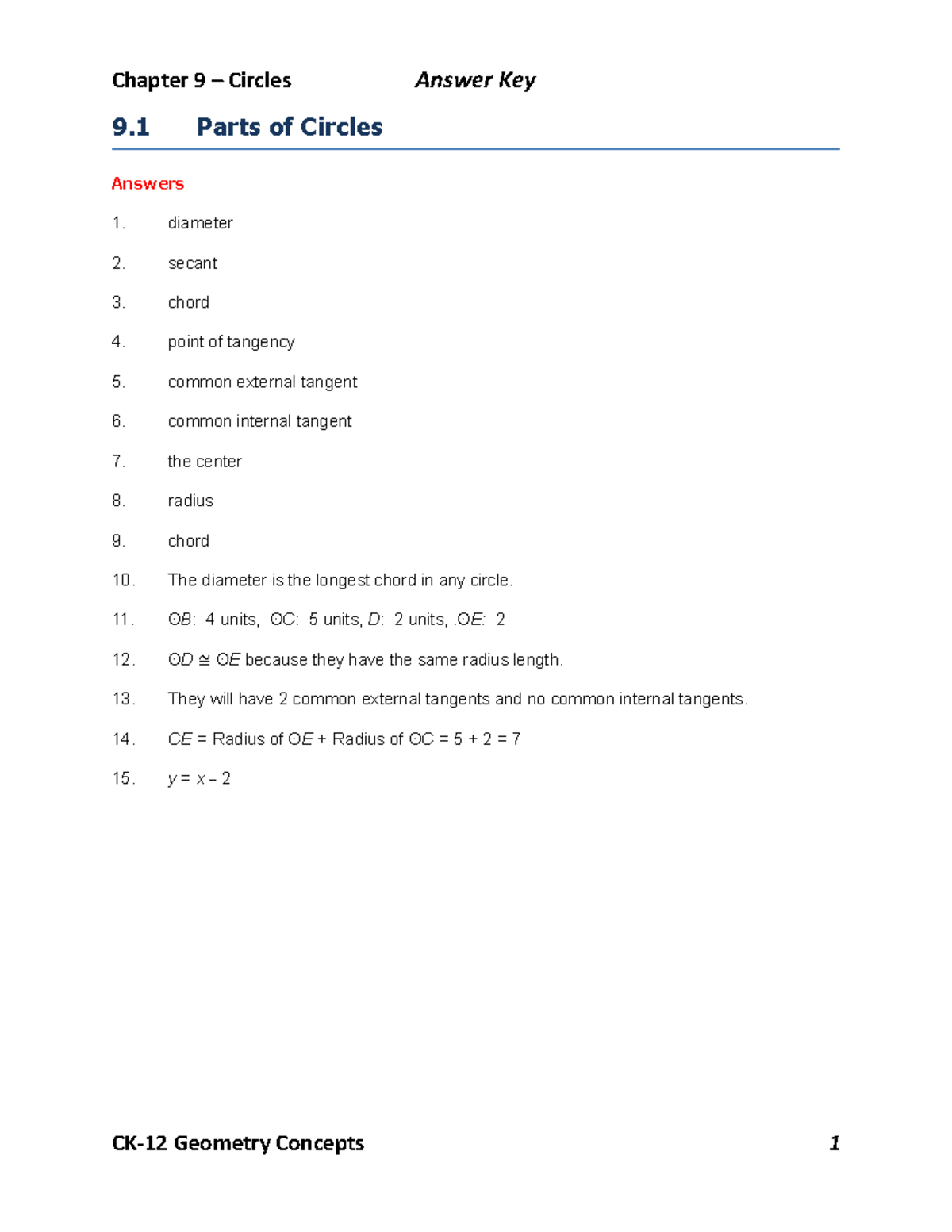 Answer Key CK-12 Chapter 09 Geometry Concepts - 9 Parts of Circles Answers diameter secant chord ...