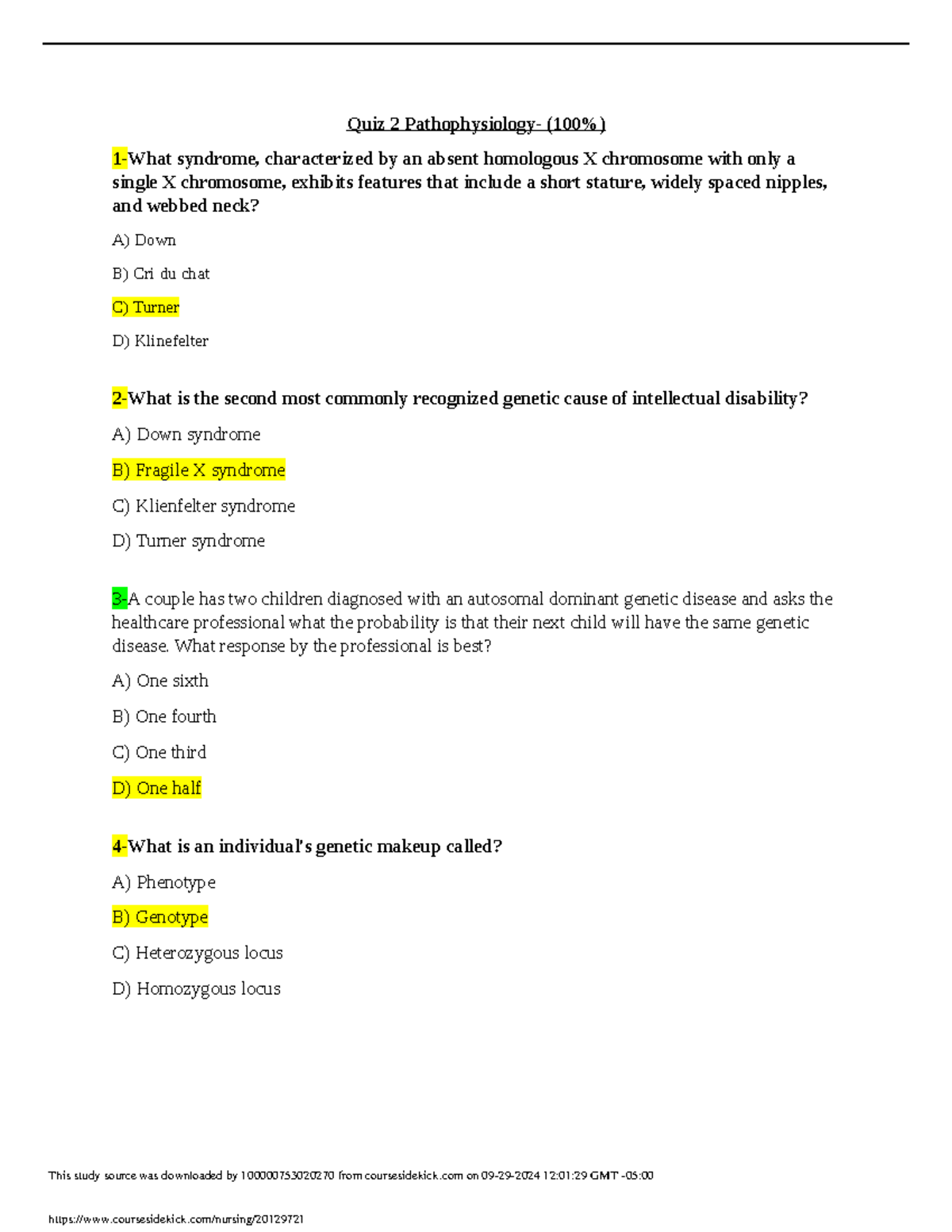 NSG5003 Pathophysiology Week 2 Quiz and Practice Questions - Studocu