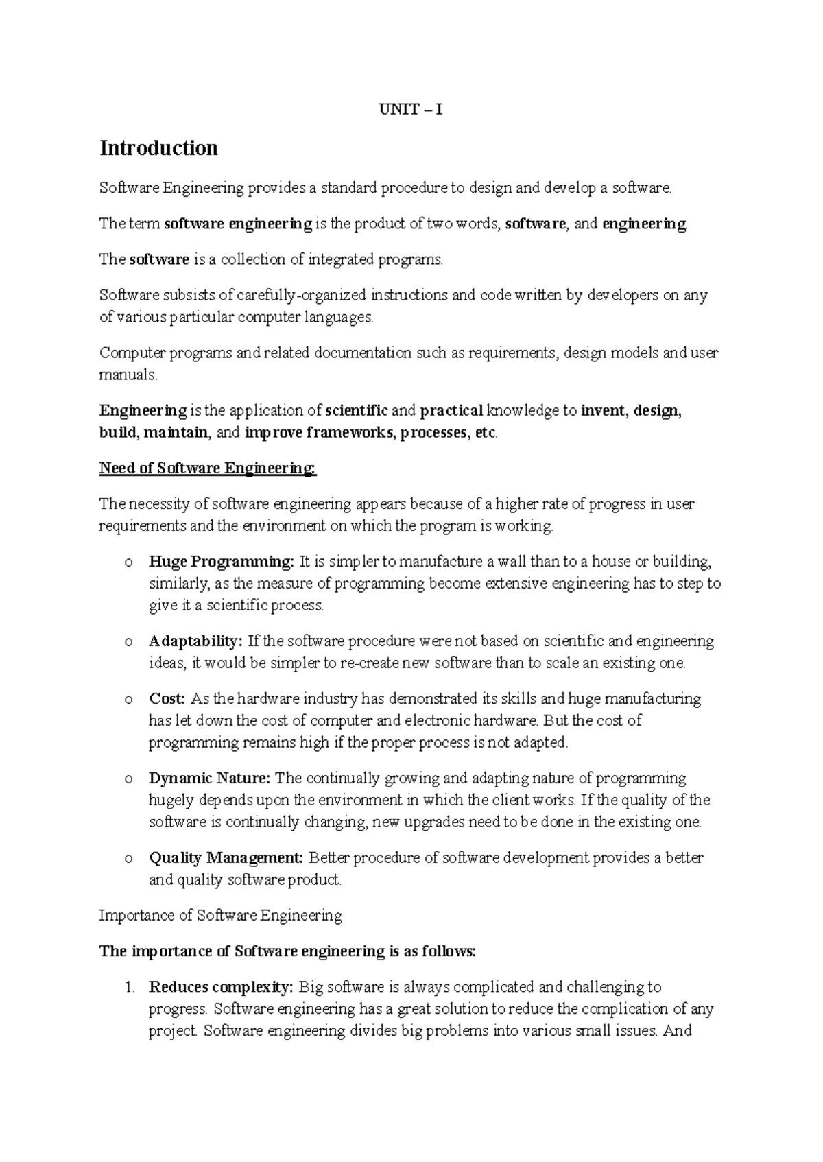 Unit I Introduction To Software Engineering Concepts And Practices