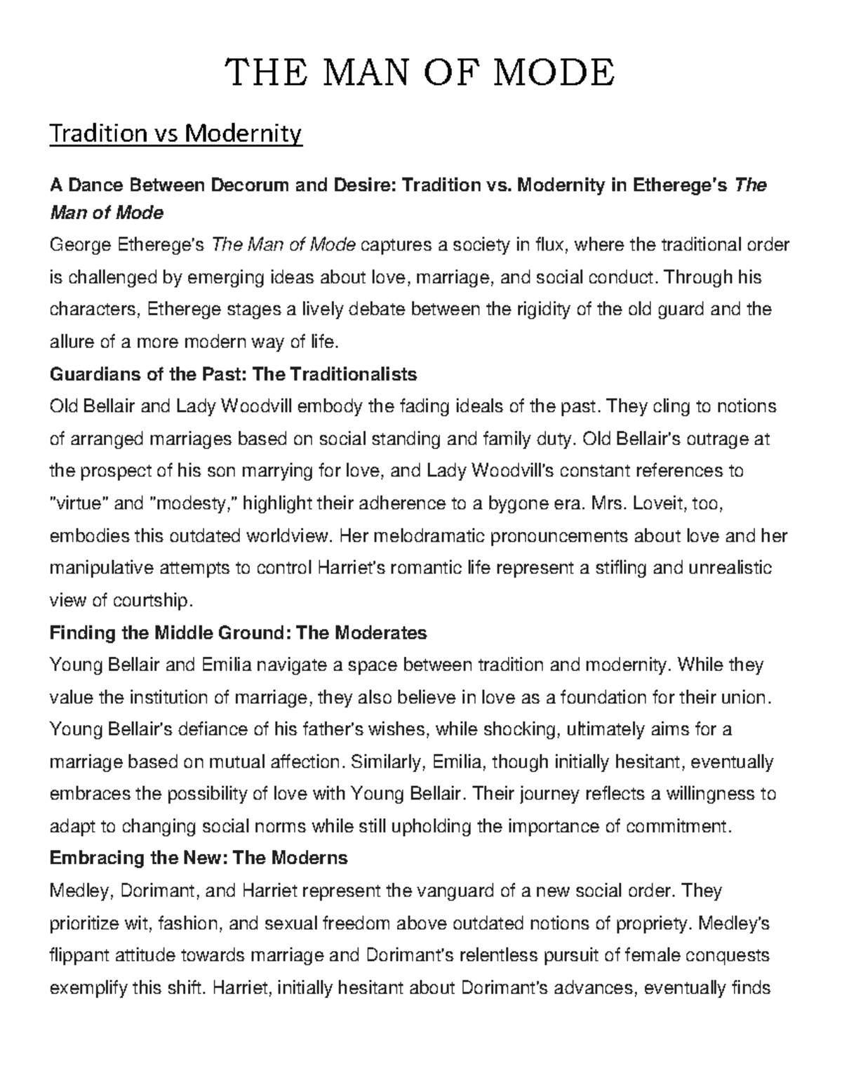 THE MAN OF MODE: Exam Questions on Tradition and Social Class - Studocu