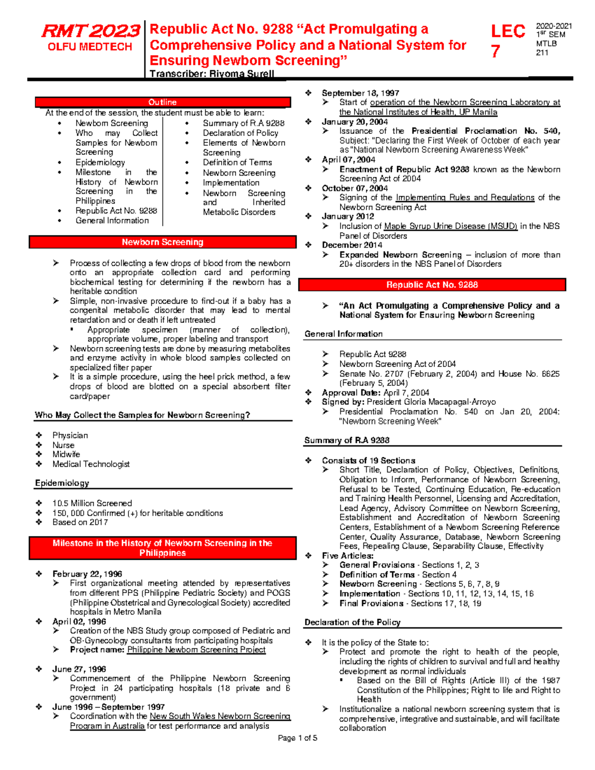 MTLB Trans 7 - Study smart - RMT 20 23 OLFU MEDTECH Republic Act No ...