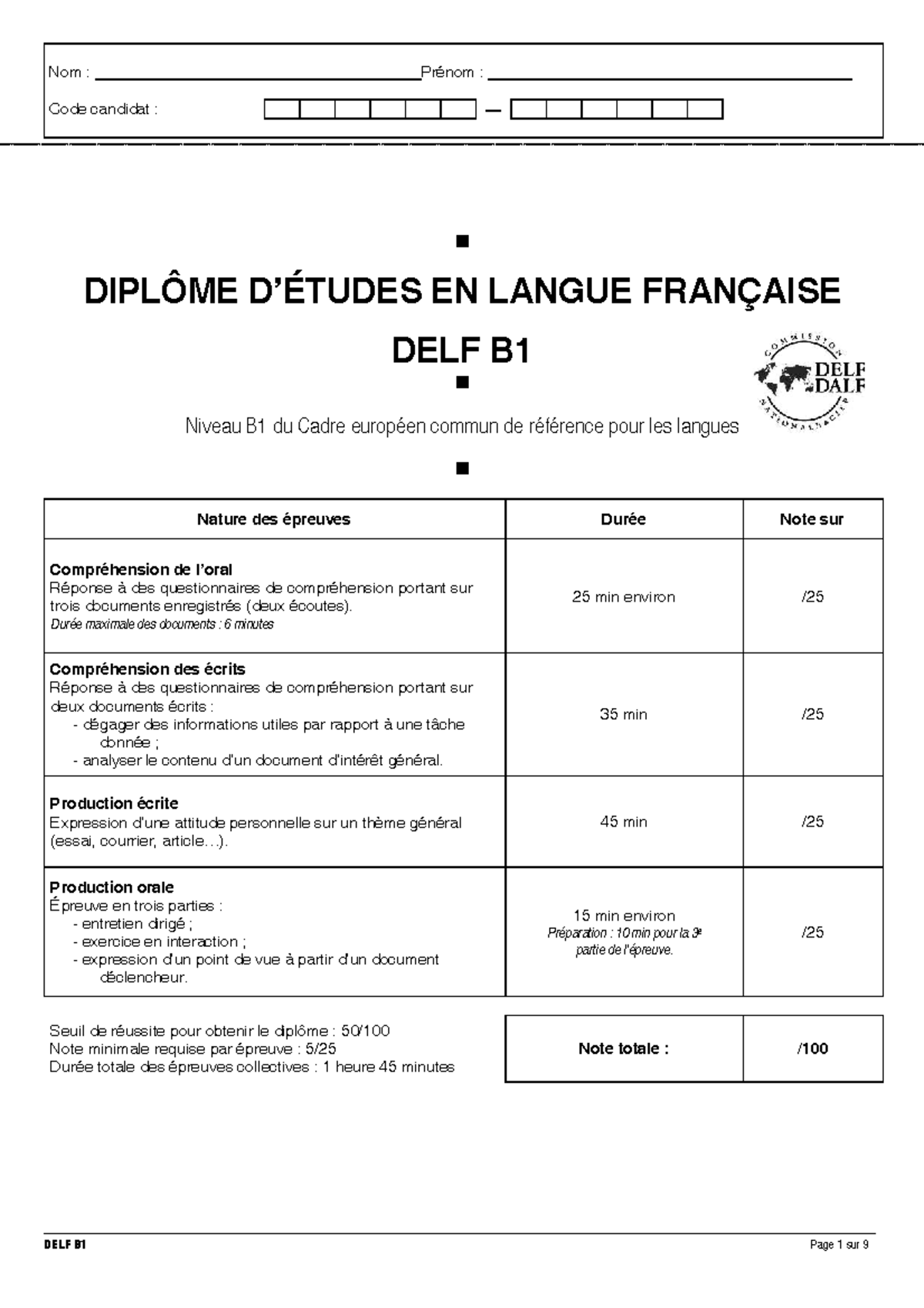 DELF B1 - Exemple Complet d'Épreuves et Production Écrite - Studocu