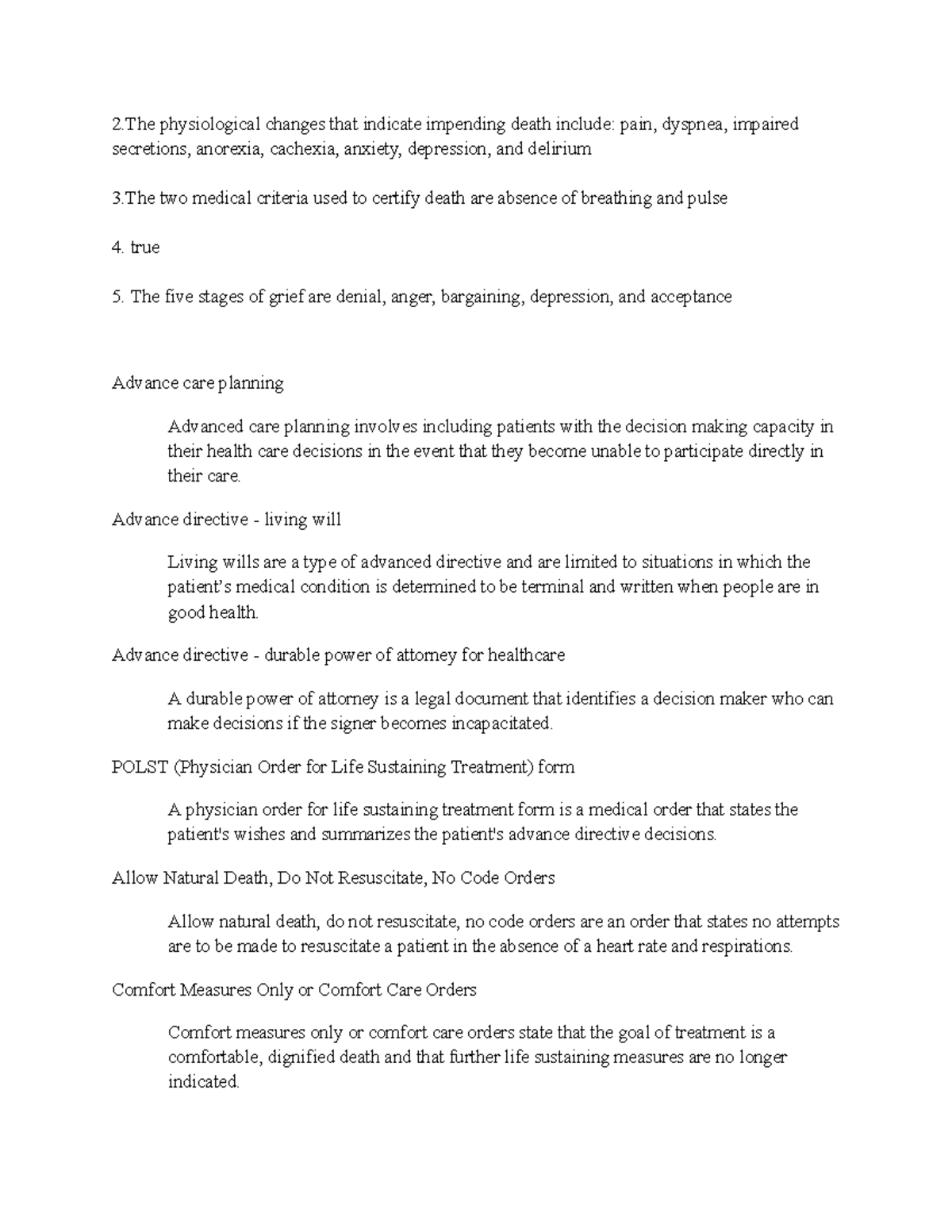 Study Notes on End-of-Life Care and Advance Directives (NURS 101) - Studocu