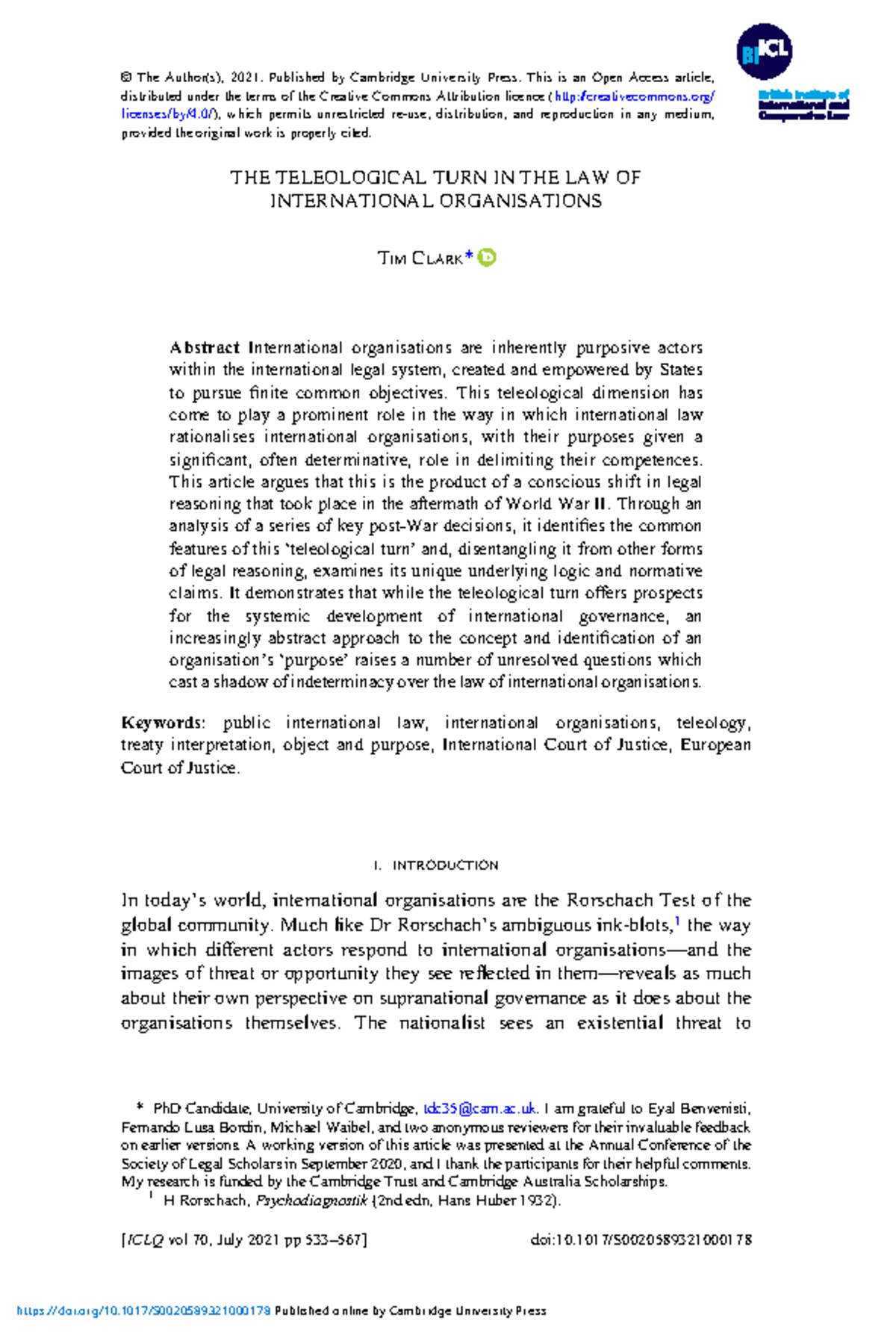 The Teleological Turn in International Organisations Law: An Analysis ...