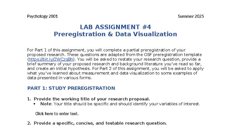Psychology 2801 Summer 2025 Lab Assignment: Preregistration & Data ...