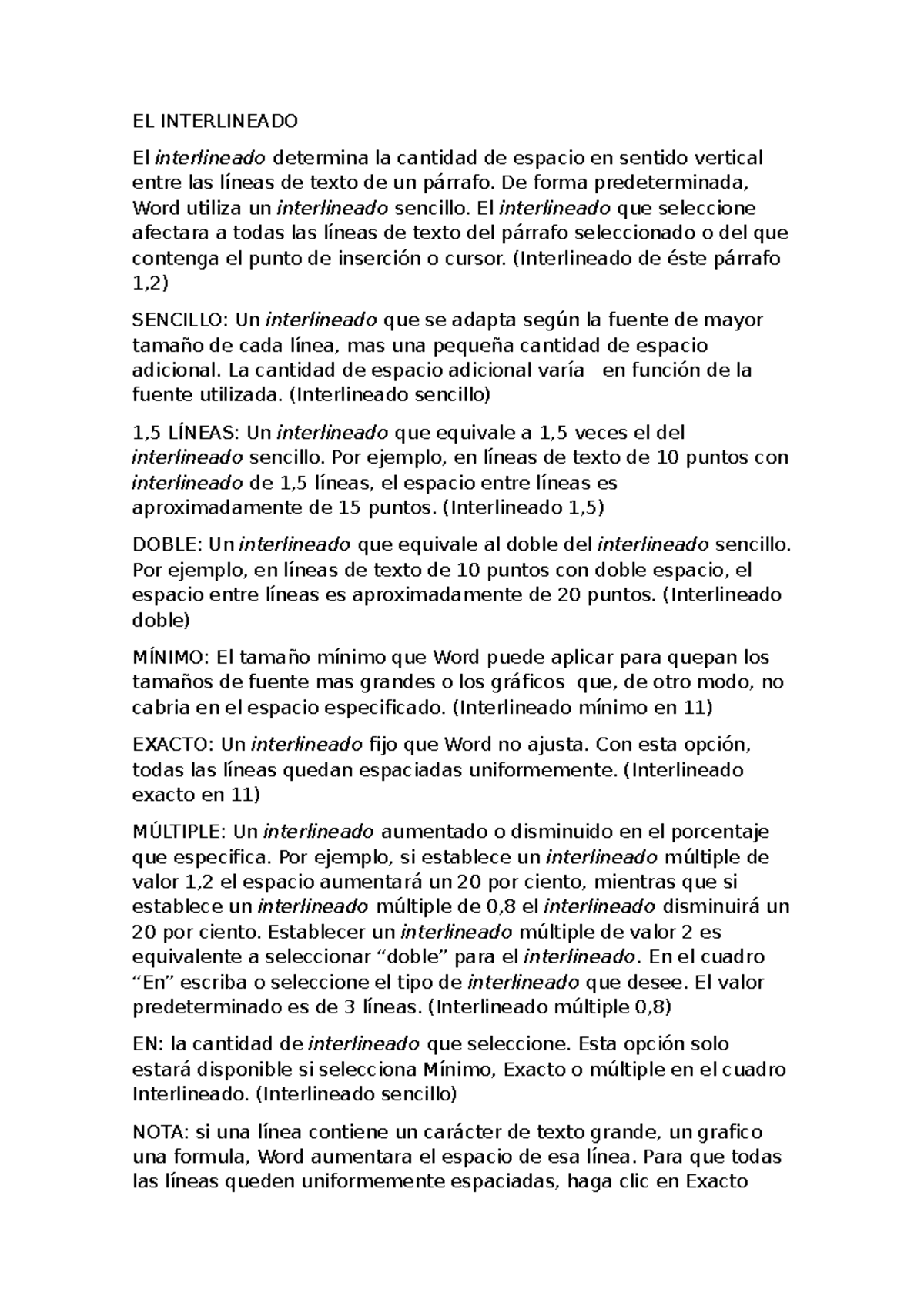 Guía sobre el Interlineado en Word: Tipos y Aplicaciones - Studocu