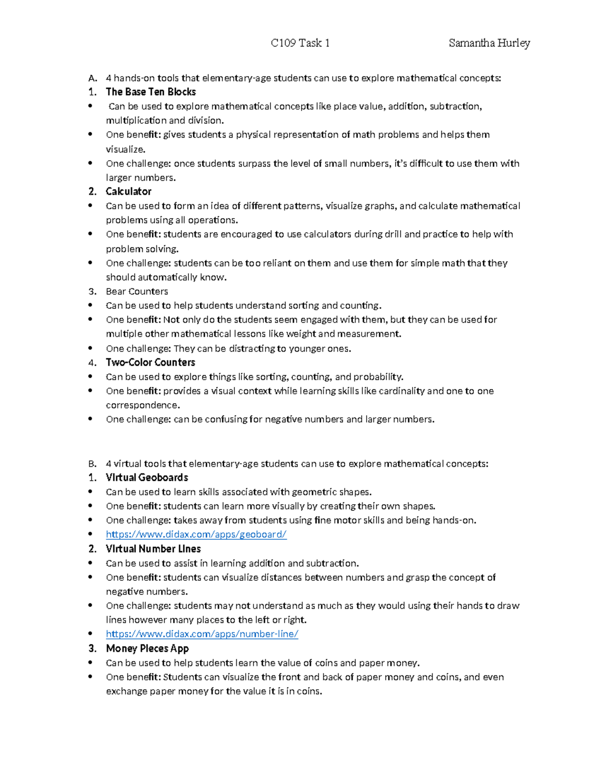 C109 Task 1 - C109 Task 1 Samantha Hurley A. 4 hands-on tools that elementary-age students can ...