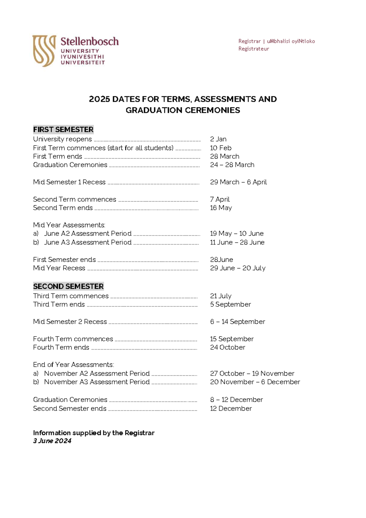 2025 Term Dates, Assessments & Graduation Ceremonies Schedule - Studocu