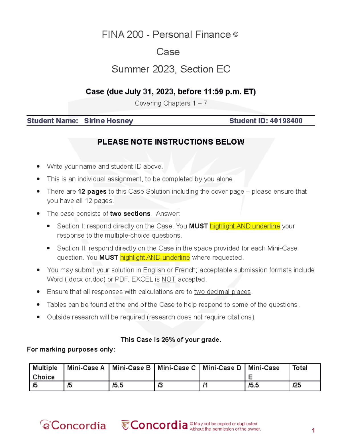FINA 200 - Summer 2023 Case Study Solution (Chapters 1-7) - Studocu