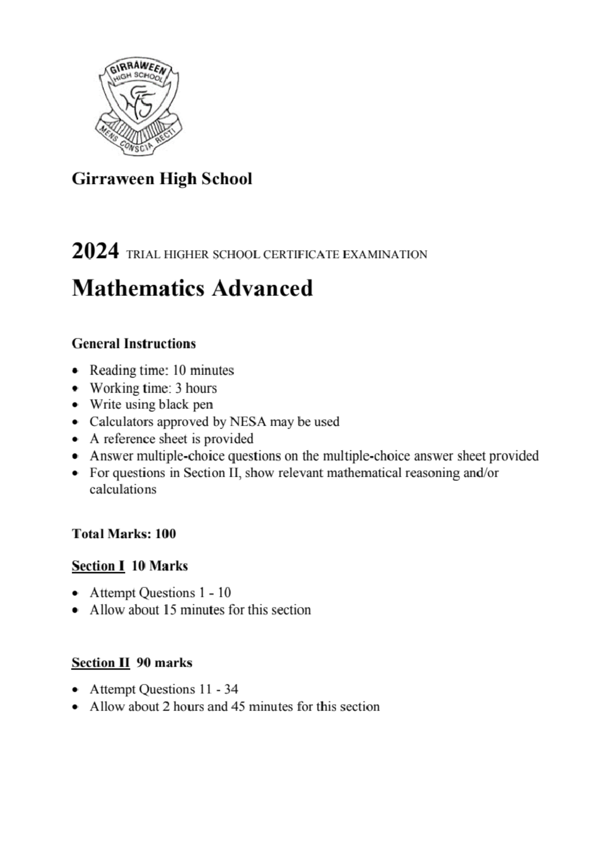 2024 Girraween High School - Adv - Trial - Questions - GIRRAWEEN SCHOOL ...