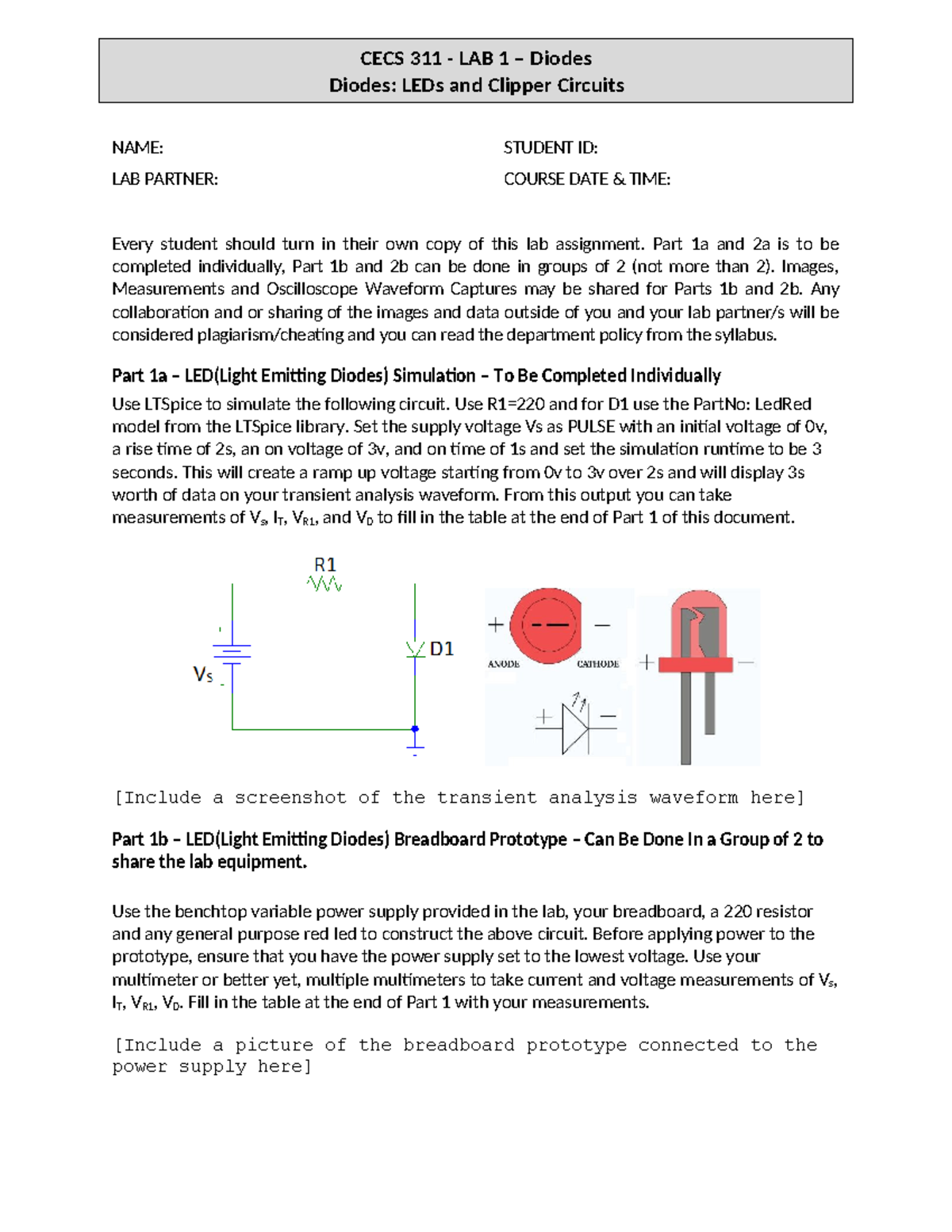 CECS311 Lab 1 - Experiments with Diodes, LEDs, and Clippers - Studocu
