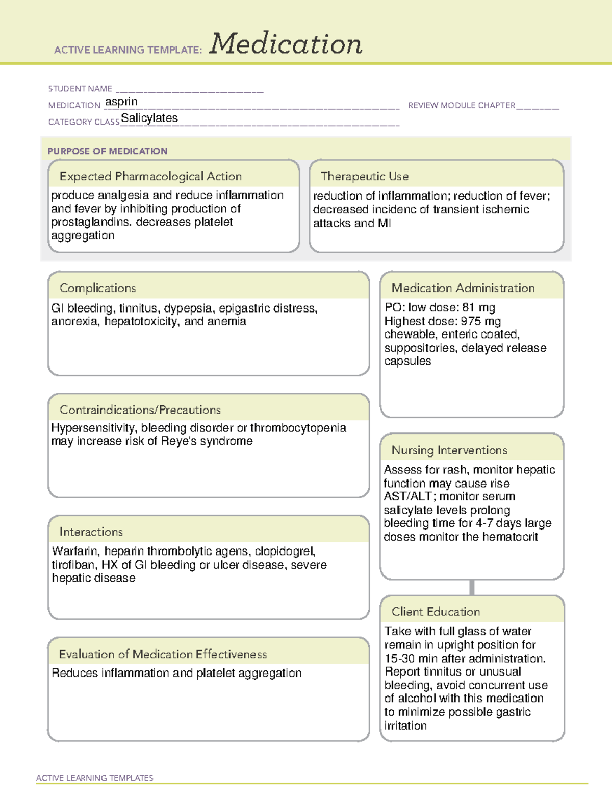 Aspirin Drug Sheet: Active Learning Template for Pharmacology - Studocu