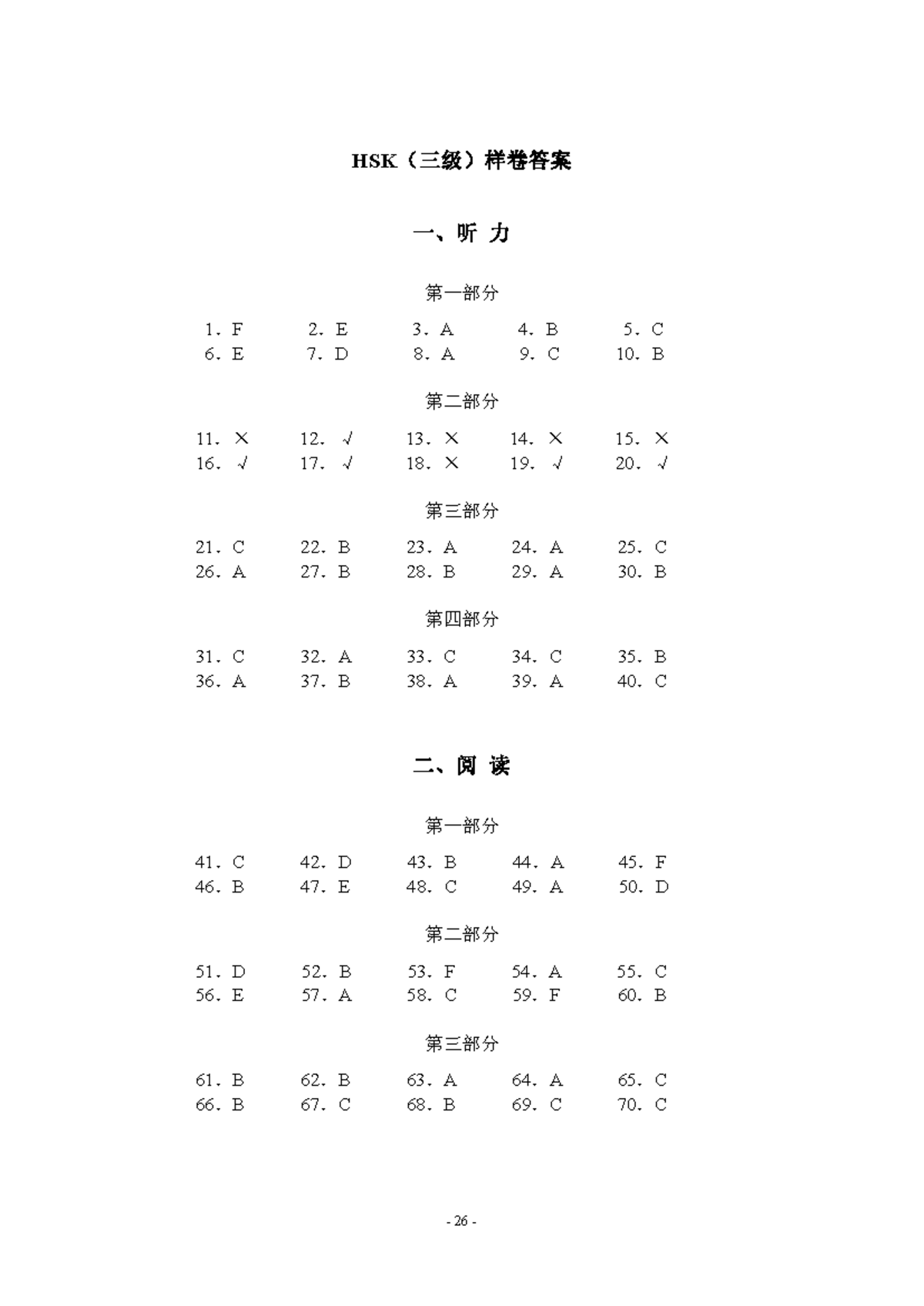 H30000 答案 - HSK3_Hanban - 26 - HSK˄ϝ㑻˅样卷答案 一ǃ听 力 第一部分 1 ．F 2 ．E 3 ．A 4 ...