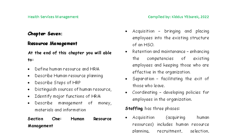 Health Services Management (RM) - Chapter 7: Human Resource Planning ...