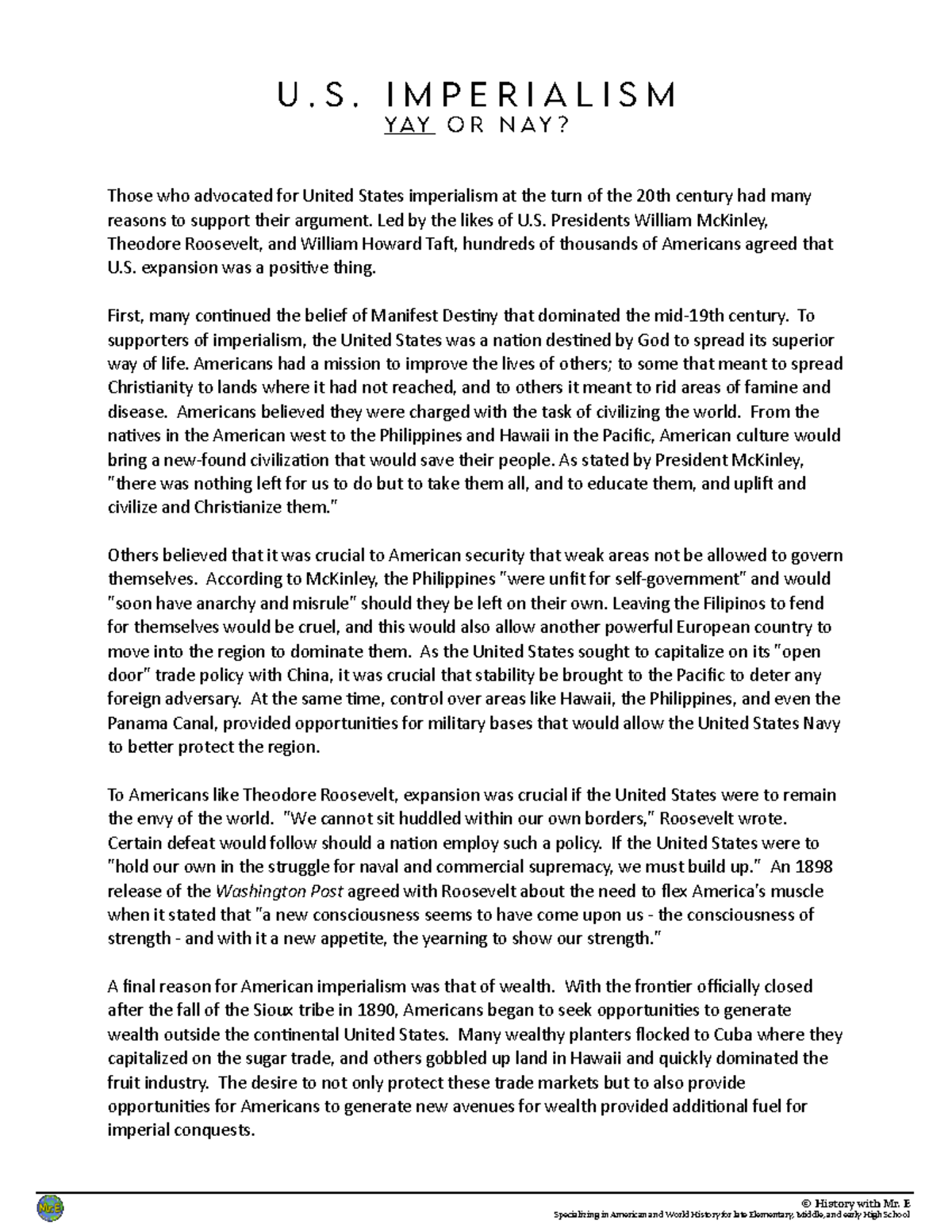 Imperialism Two Sides YAY and NAY - U. S. I M P E R i A L i S M YAY O R ...