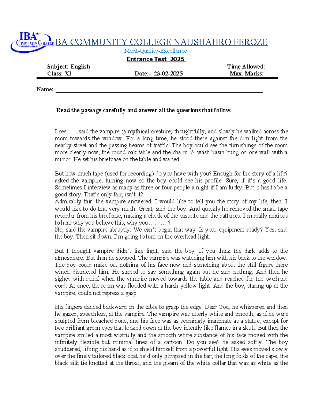 English Xl Entry - NONE - 0 IBA COMMUNITY COLLEGE NAUSHAHRO FEROZE ...