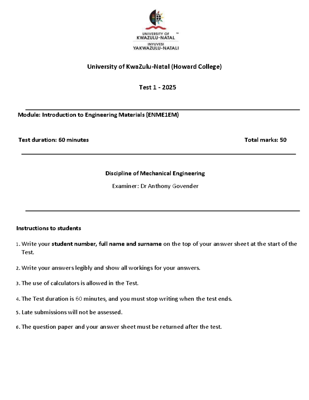 Test 1 2025 Marking Memo for ENME1EM: Intro to Engineering Materials ...