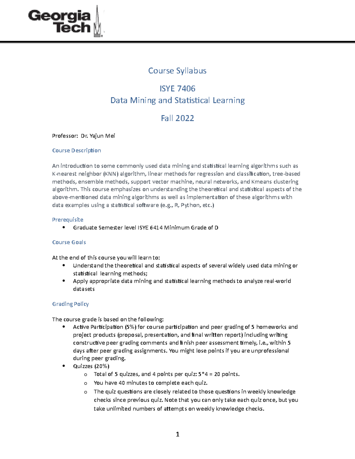 Isye7406course Syllabus Fall2022v2 Course Syllabus Isye 7406 Data Mining And Statistical