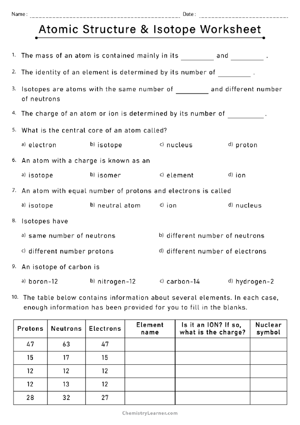 Atomic Structure and Bonding Worksheets (Chemistry 101) - Studocu