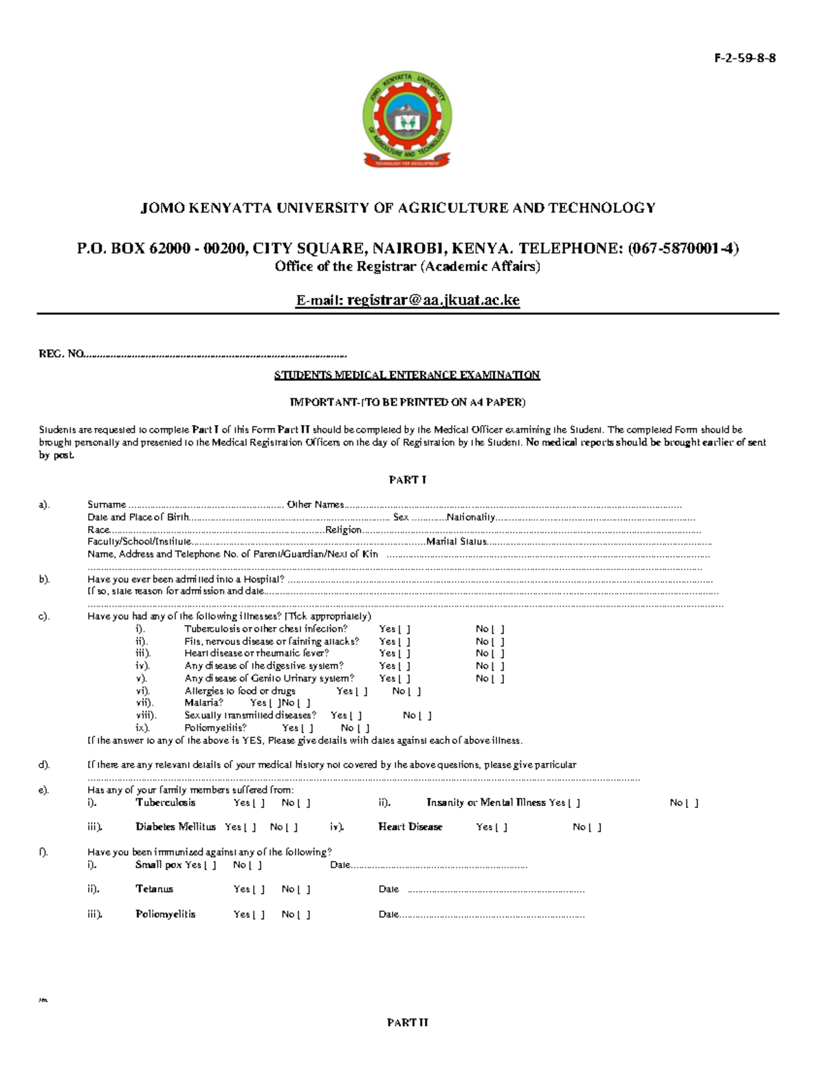 JKUAT Medical Entrance Examination Form Instructions and Details - Studocu