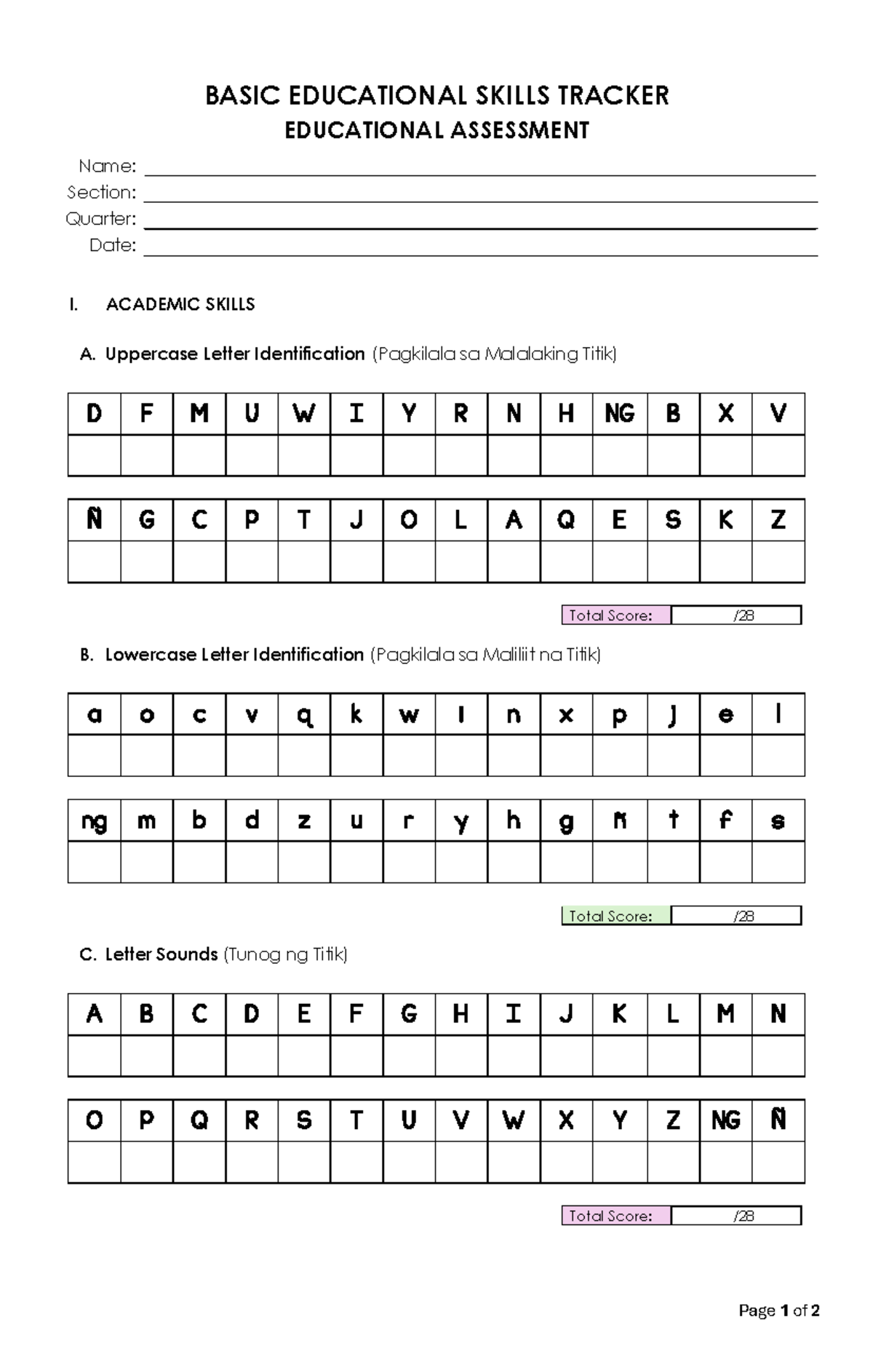 BASIC EDUCATIONAL SKILLS TRACKER - ASSESSMENT TOOL - Studocu