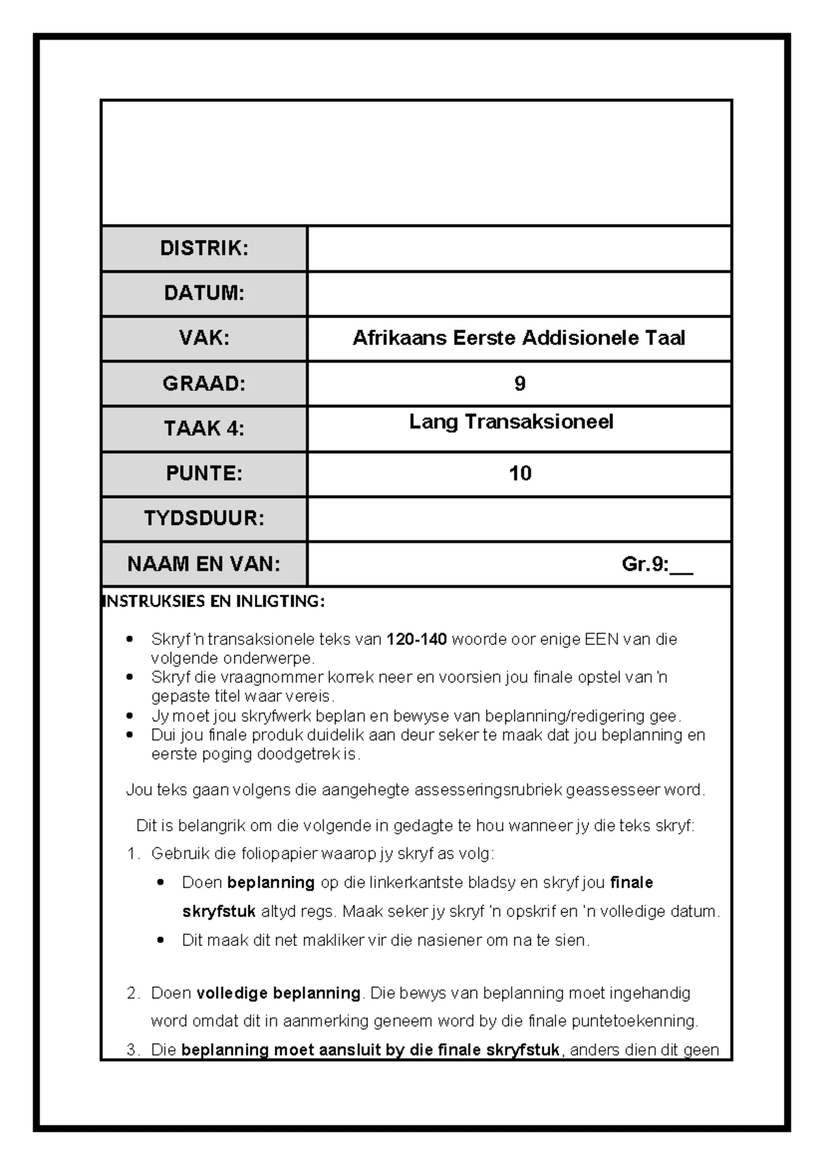 Graad 9 Afrikaans Eerste Addisionele Taal Junie Eksamen Vraestel 2024 - Studocu