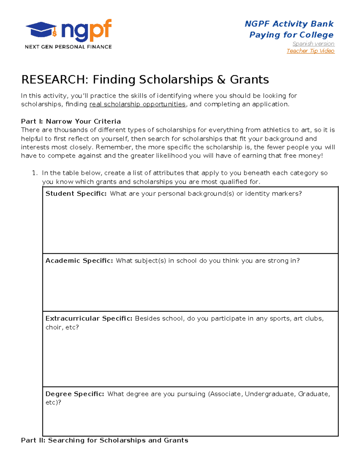 NP 6.4 Worksheet - Finding Scholarships & Grants for College - Studocu