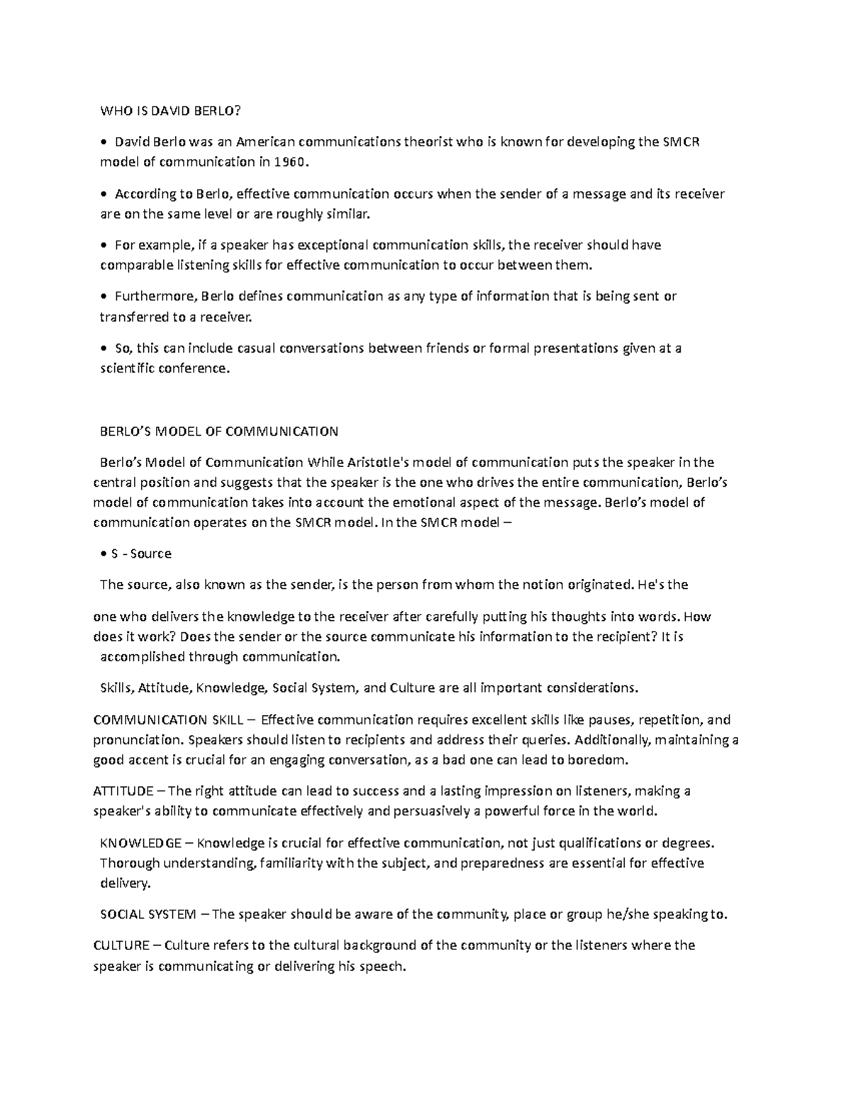 David Berlo's Communication Model Overview - COMM-DAMN Notes - Studocu