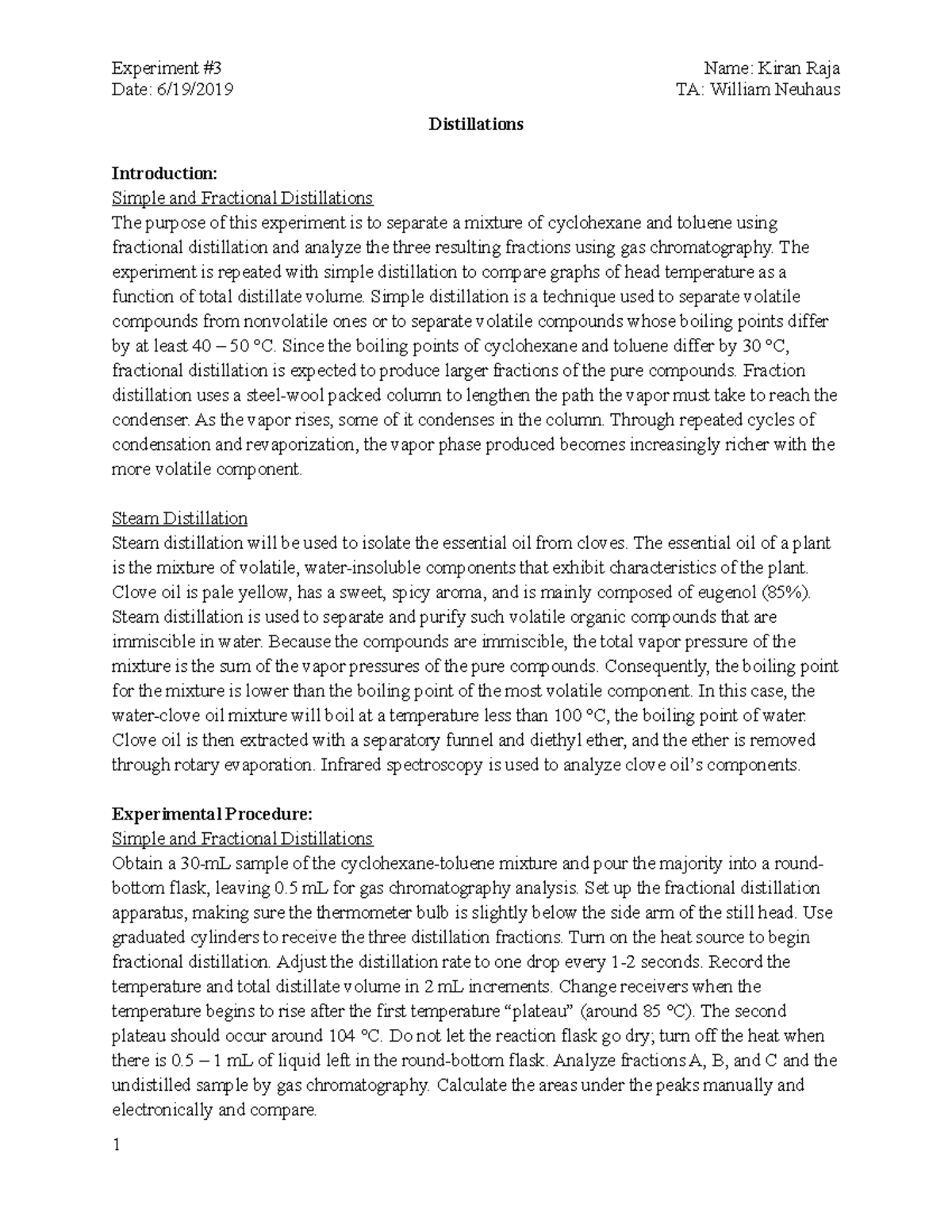 Chem 201 Distillation Lab Report: Fractional vs Simple Methods - Studocu