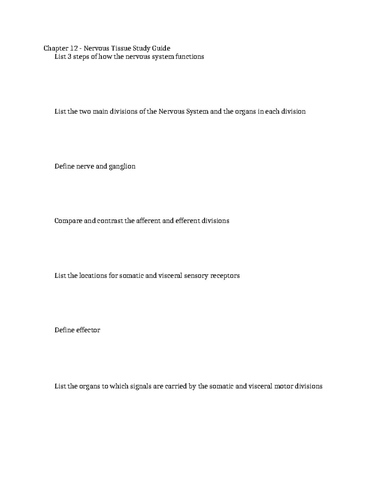 Chapter 12 Study Guide: Functions and Structures of Nervous Tissue ...
