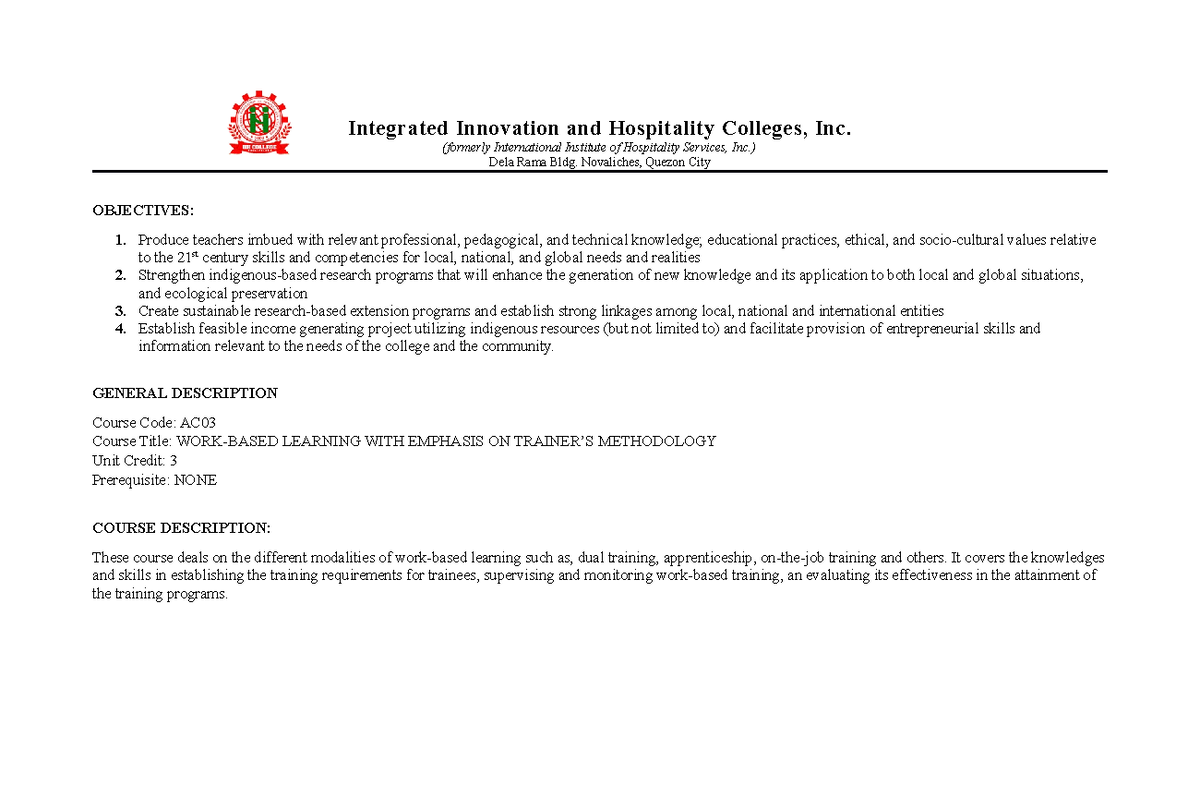 CIG AC Work-Based Learning Syllabus: Focus on Trainer’s Methodology ...