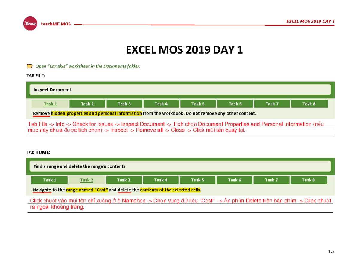 EXCEL MOS 2019 Day 1: Essential Tasks and Techniques - Studocu