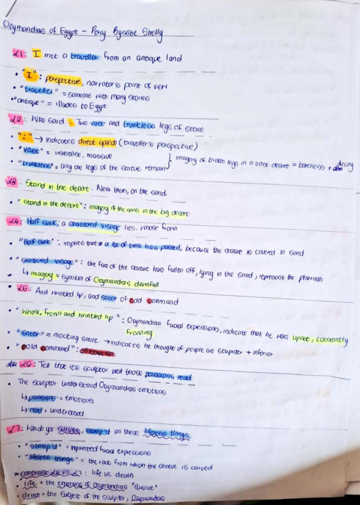 OZYMANDIAS (ENG 101) Lecture Notes on Themes and Analysis - Studocu