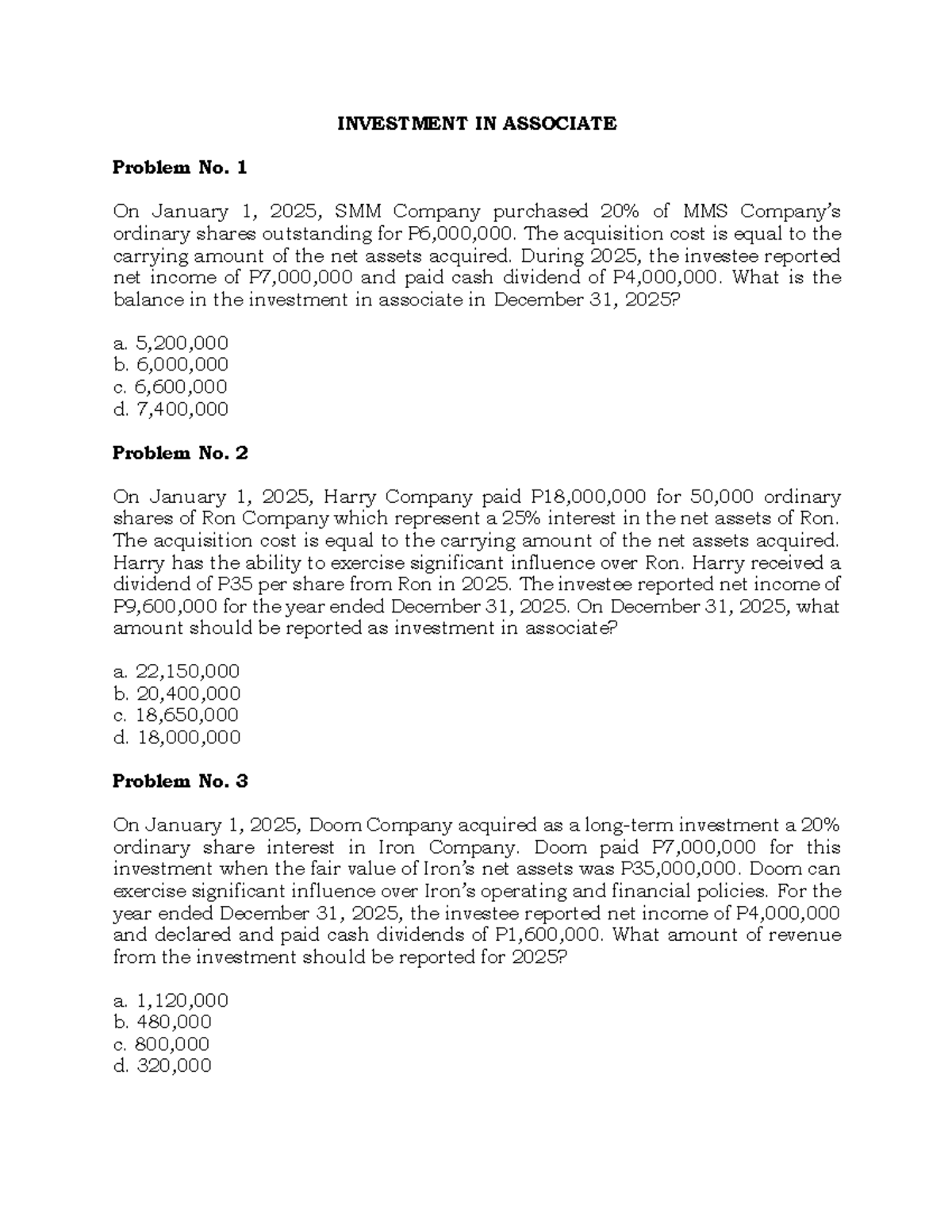 Investment in Associate Problems (FIN 2025) - Studocu